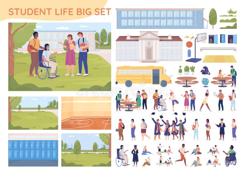 Student Life 2D Vector Isolated Illustrations Big Set Stock Vector ...