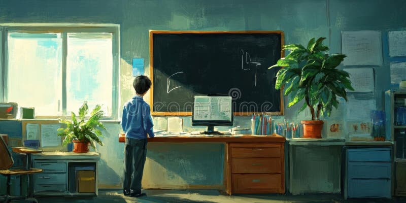 Student Looks at Blackboard with Equations and Green Plants with a ...