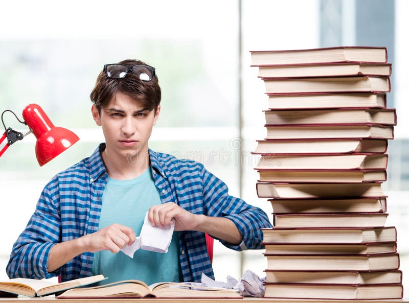 Student with Lots of Books Preparing for Exams Stock Photo - Image of ...