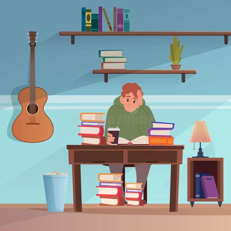 Student. Male Character Sitting with Book Busy Time Stock Illustration ...