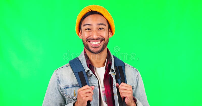 Student Man, Backpack and Green Screen with Smile on Face for Learning ...