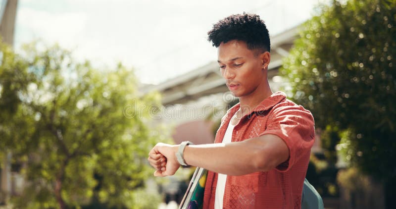 Student, Man and Check Watch at Campus for Reminder, Schedule or Class ...