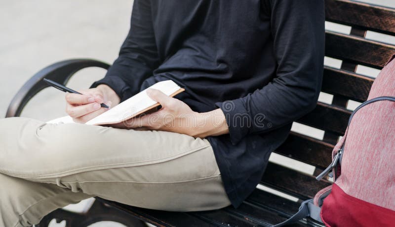 Student Man Writing Diary Chilling on Bench Stock Image - Image of ...