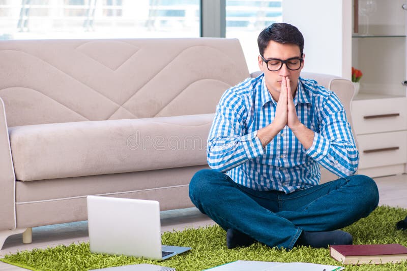 Student Meditating and Preparing for University Exams Stock Photo ...