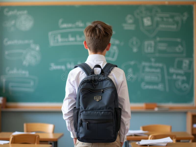 Student Observes Classroom Activities with a Backpack in Front of a ...