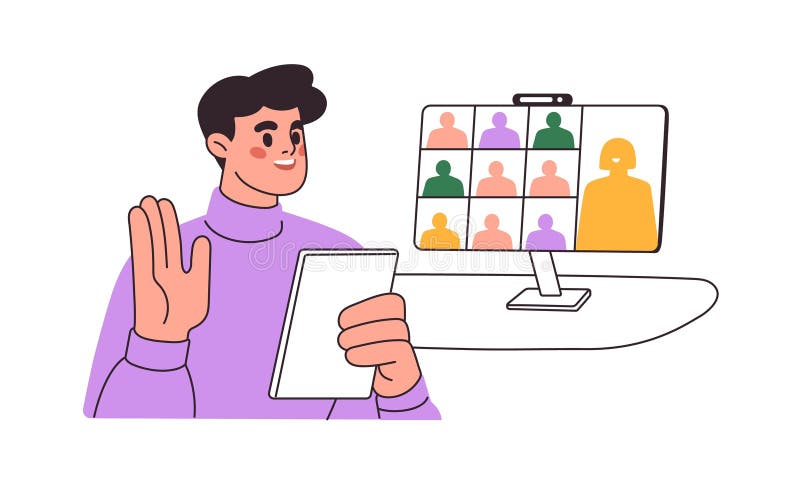 Student at Online Class. Man at Computer, Video Conference Call ...