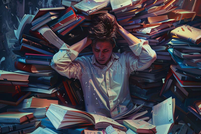 Student Studying Intensively Surrounded by Piles of Books and Notes ...