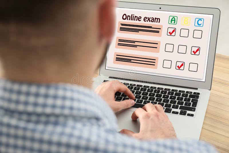 Student Passing Online Exam at Wooden Table Stock Image - Image of ...
