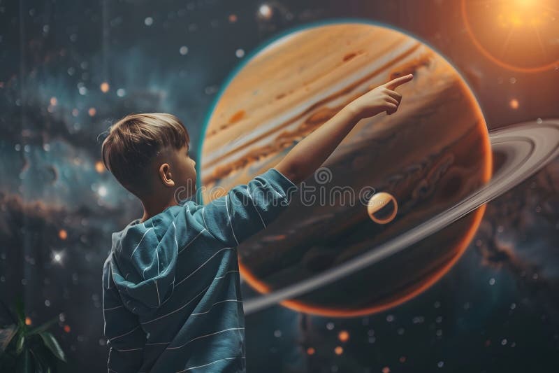 A Student or Physics Scientist Pointing at the Planet Saturn and Globe ...