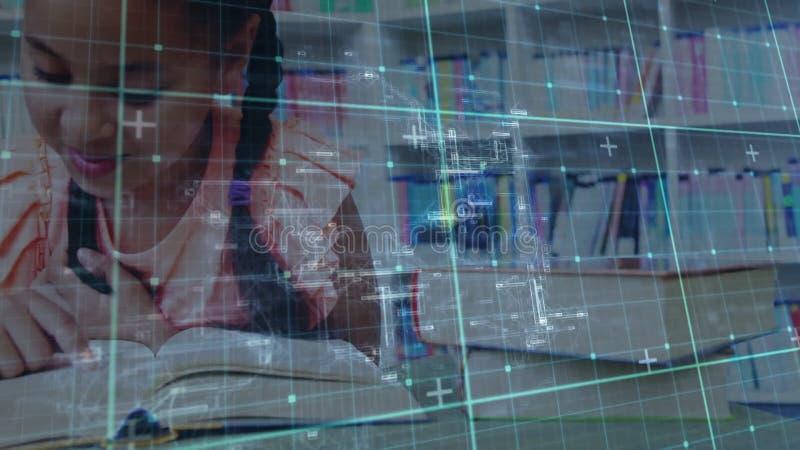 Student Placing Fingertip on Line Reading Book at Library, with Animated Highlight Tracking Text ...