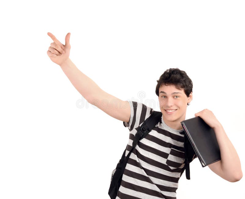 Student pointing up. stock photo. Image of handsome, hand - 33240142