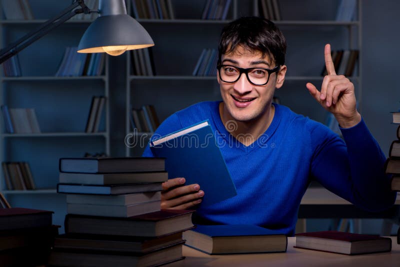 The Student Preparing for Exams Late at Night in Library Stock Image ...