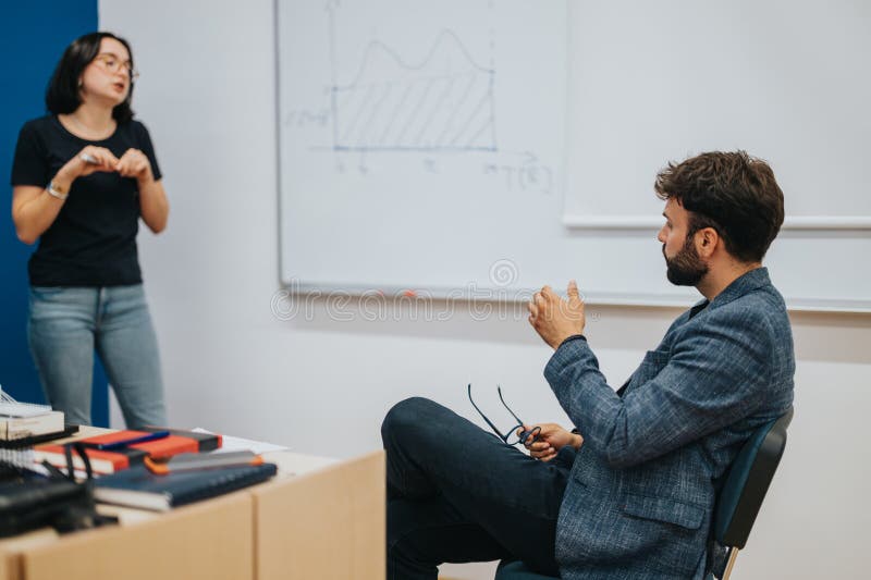 Student Presenting Data Analysis To Teacher in Classroom Setting Stock Image - Image of student ...