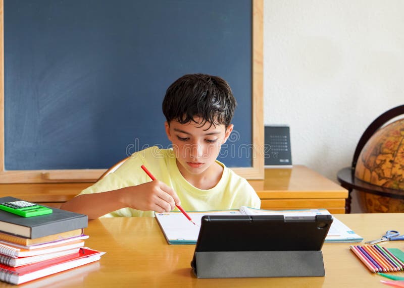 Student Preteen Boy Learning with the Help of Electronic Devices. Back ...