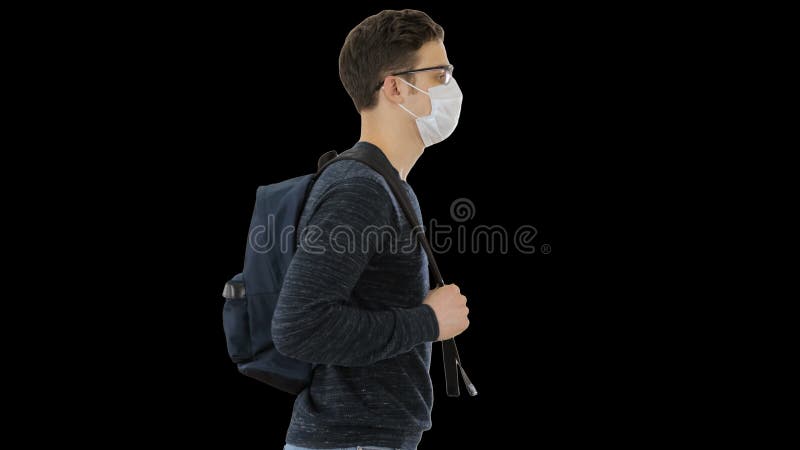 Student in Protective Masks Walking with Backpack, Alpha Channel Stock ...