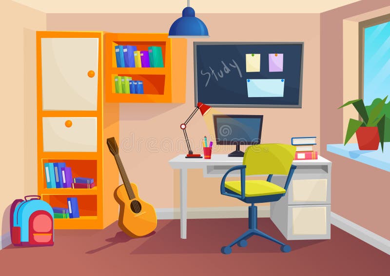 Student or Pupil Room. Workplace in Room. Vector Cartoon Volumetric ...