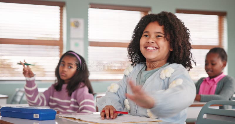 Student, Question and Excited in Classroom with Answer, Education and ...