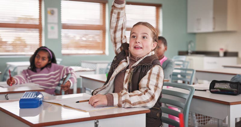 Student, Question and Excited in Classroom with Answer, Education and ...