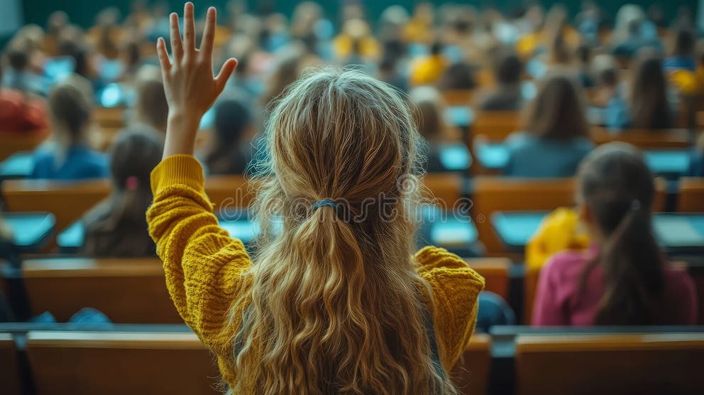 A Student Raises Hand To Ask a Question in a Crowded Lecture Hall Stock ...