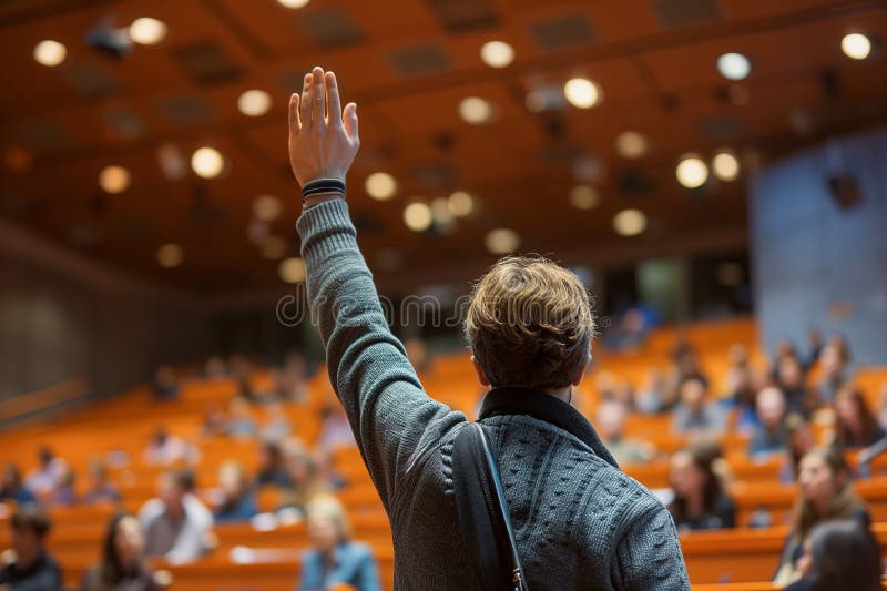 Student Raising Hand in University Lecture Hall. Stock Illustration ...