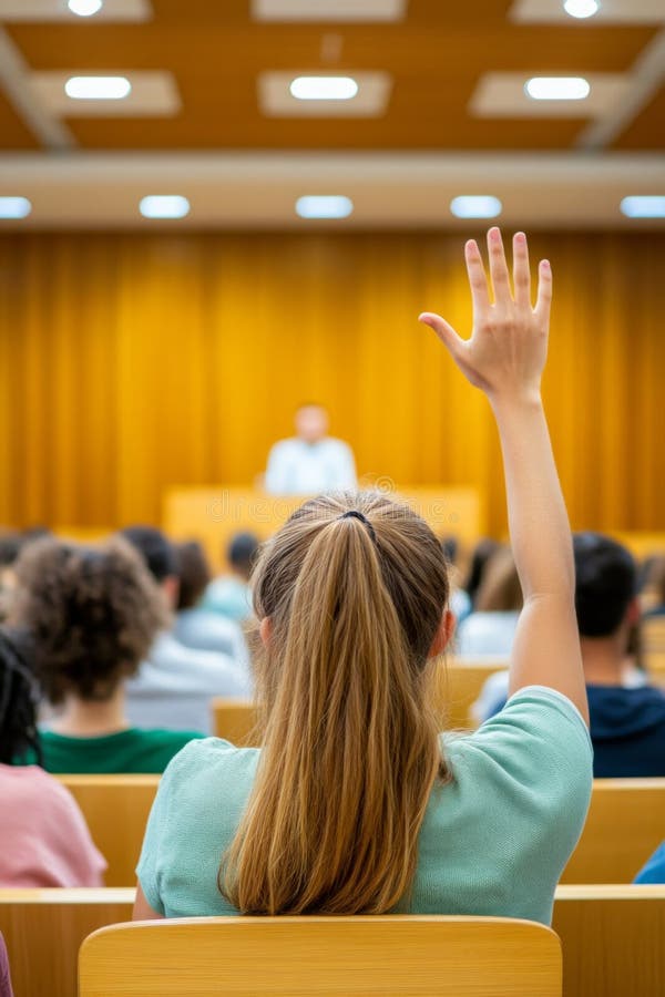 A Student Raising Their Hand during a Lecture in a University Classroom ...
