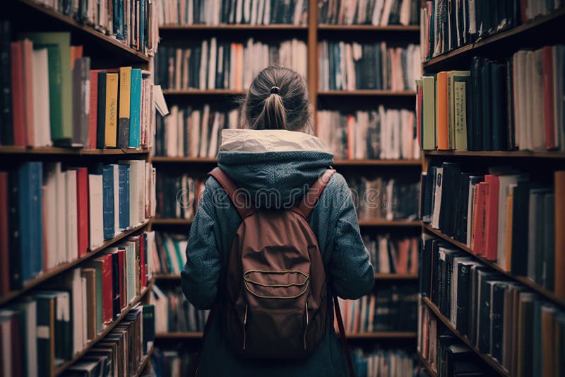 Student Read a Lot of Books in Library Back View, Created with ...