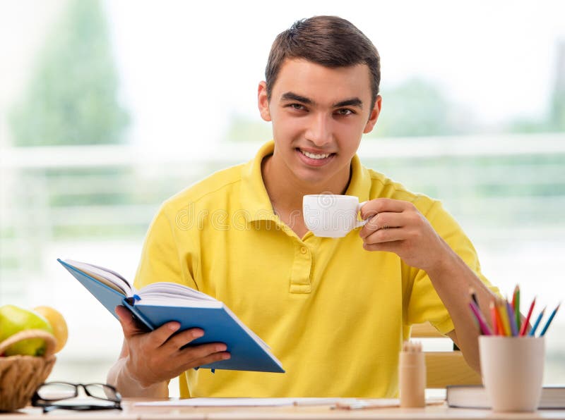 Student Reading Book and Drinking Tea Stock Image - Image of knowledge ...