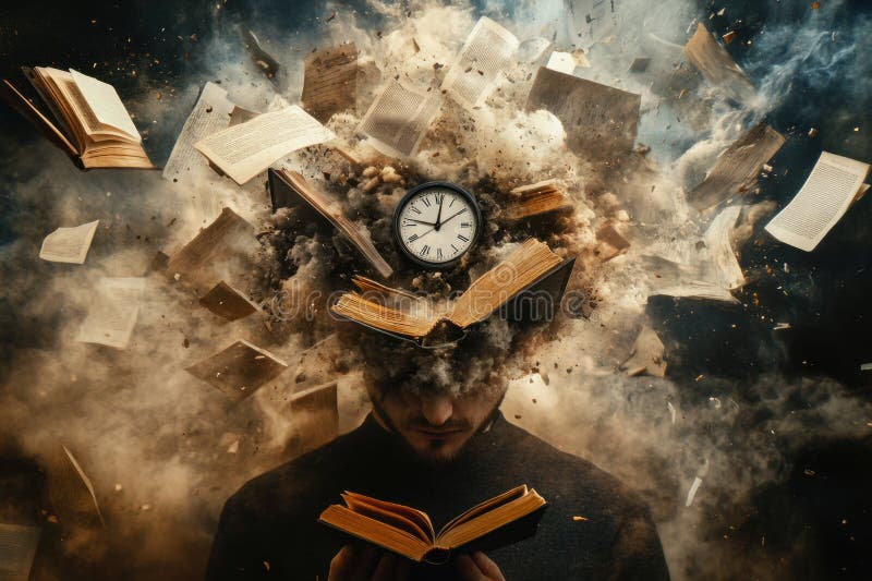 Student Reading a Book with Exploding Ideas and Clock Symbolizing Time ...