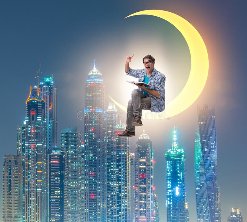 Student Reading Book on the Moon Crescent Stock Photo - Image of ...