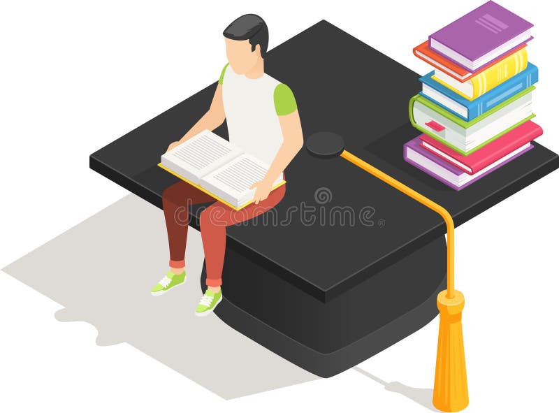 Student is Reading a Book while Sitting on a Graduation Cap, with a ...