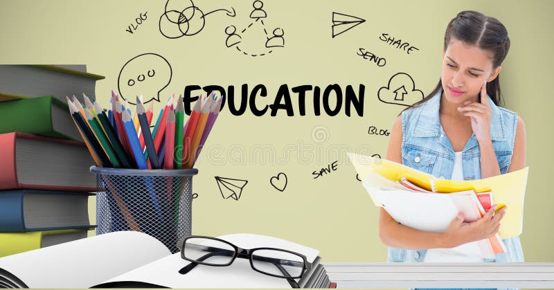 Student Reading Book at Table Against Graphics Stock Illustration ...