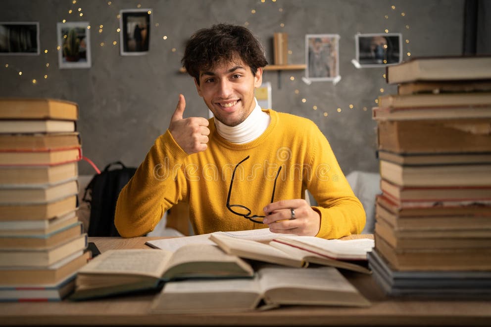 Student Reading Books in Dormitory, Study Lessons for Exam Showing Class Sign. Stock Image ...