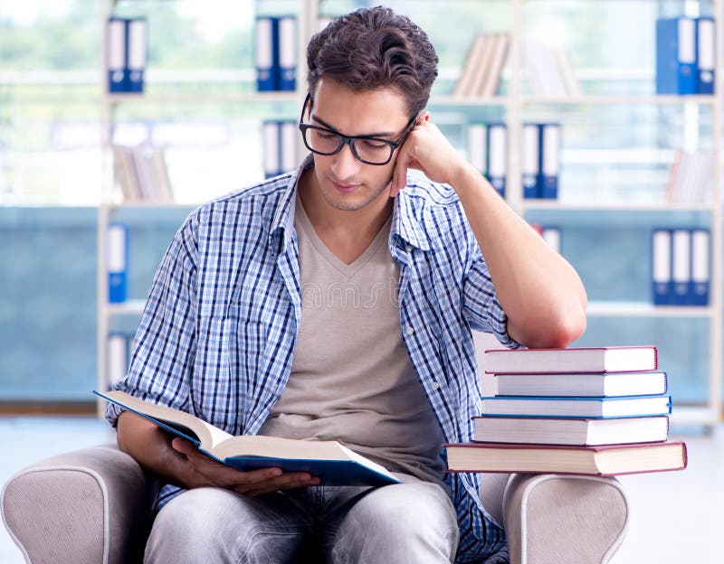 Student Reading Books and Preparing for Exams in Library Stock Image ...