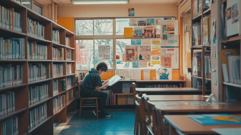 Student Reading in a Library Surrounded by Books Stock Illustration ...