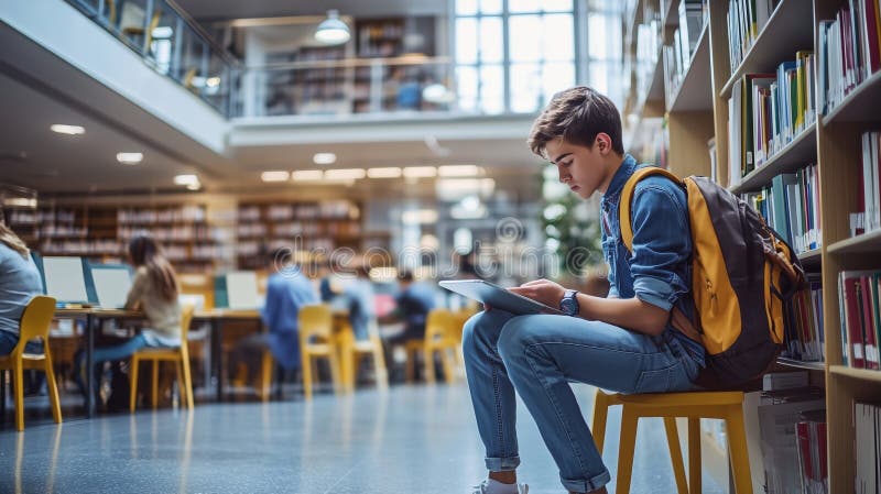 Student Reading on a Stool in a Modern Library during Afternoon Study ...