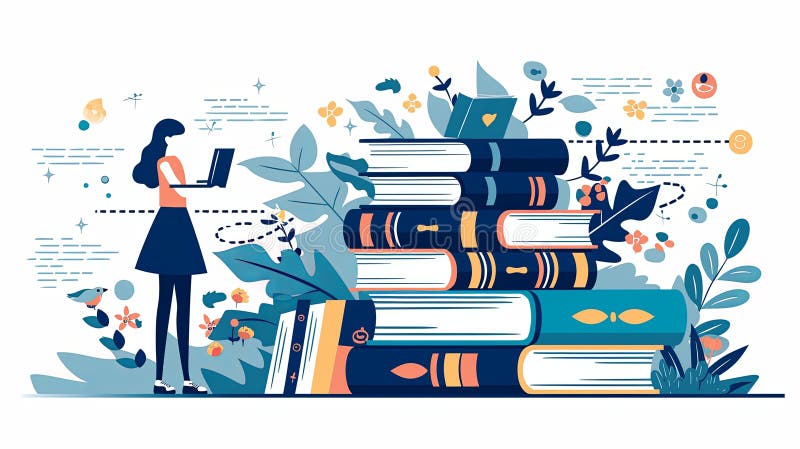 Creative Illustration of Student Studying with Books and Laptop ...