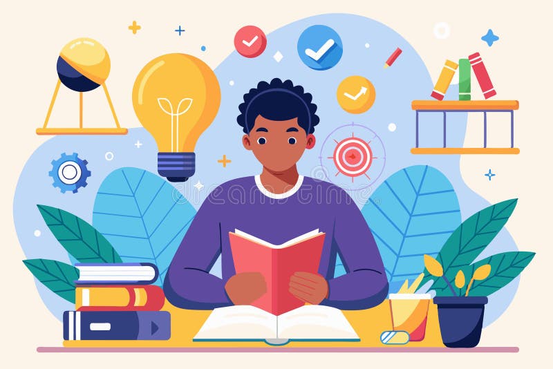 A Student Reads a Book while Surrounded by Symbols of Learning and ...