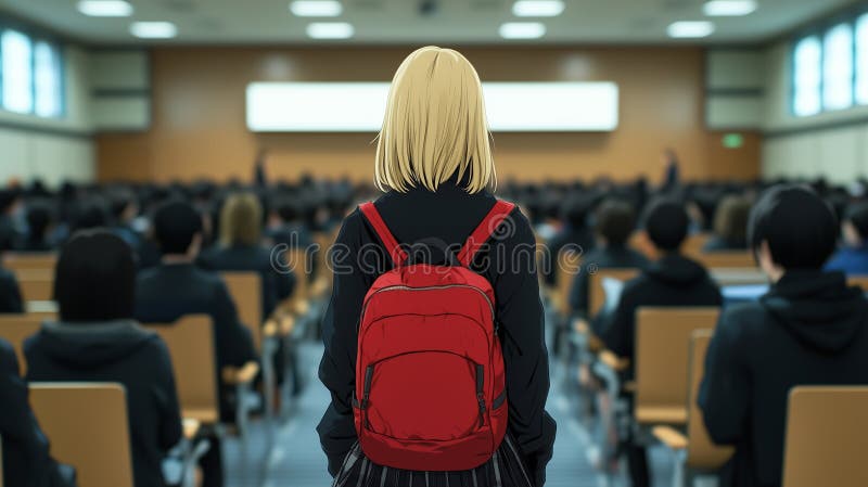 Student with Red Backpack Stands in Crowded Lecture Hall, Facing Front ...