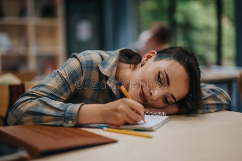 Student Resting on Desk while Writing in Classroom Setting Stock Image ...