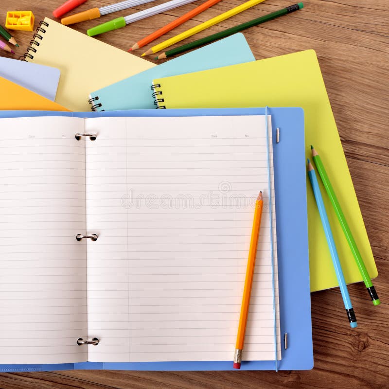 Students Desk with Blue Project Folder Stock Image - Image of ...