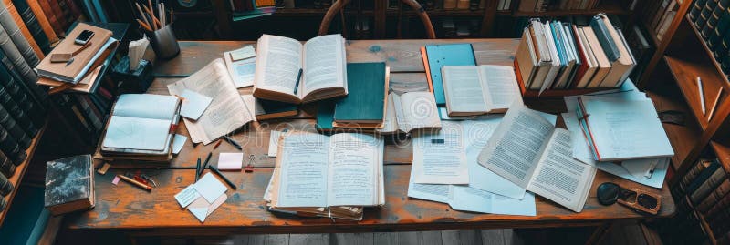 On the Student S Desk, an Organized Chaos of Books and Notes Paints a ...