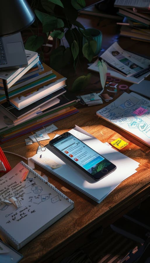 Student S Desk Scene Phone Showing Phishing Sms among Study Materials ...