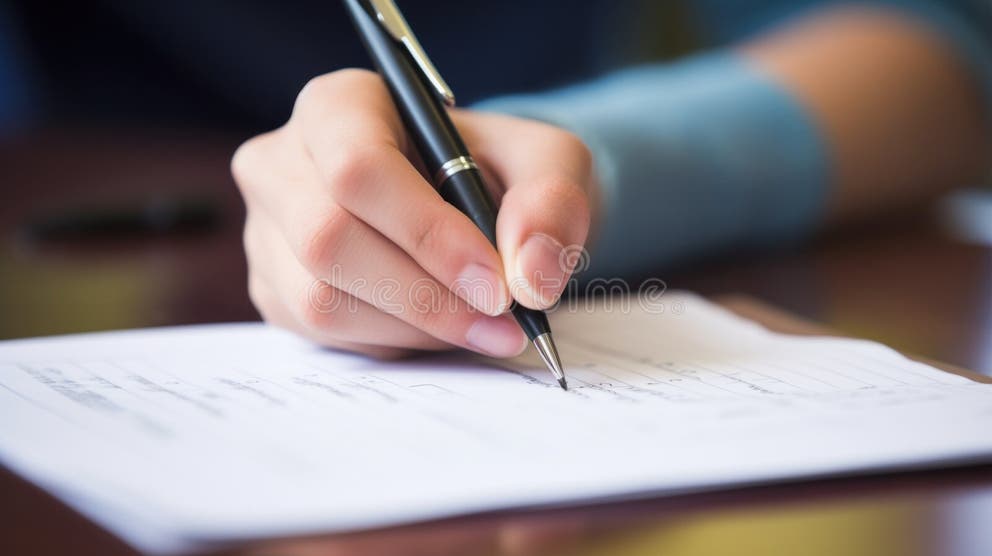 Student& X27;s Hand Writing Notes on a Piece of Paper with a Pen. Stock ...