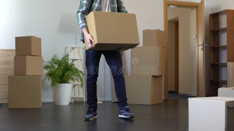 Student with Sad Face Leaving Dormitory Taking Box with His Stuff ...
