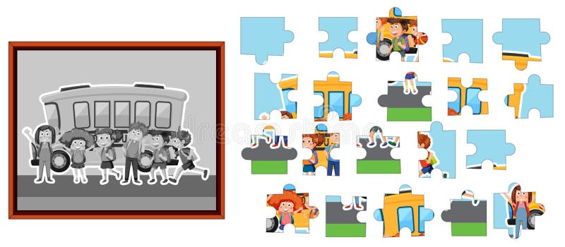 Student with School Bus Photo Puzzle Game Template Stock Vector ...