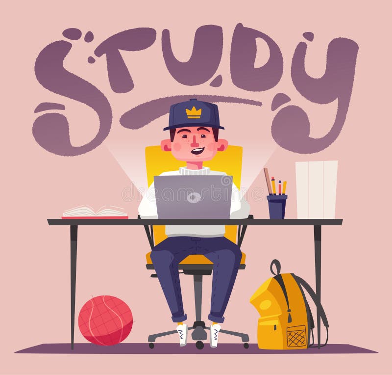 Student or Schoolboy Studying at the Computer. Cartoon Vector ...