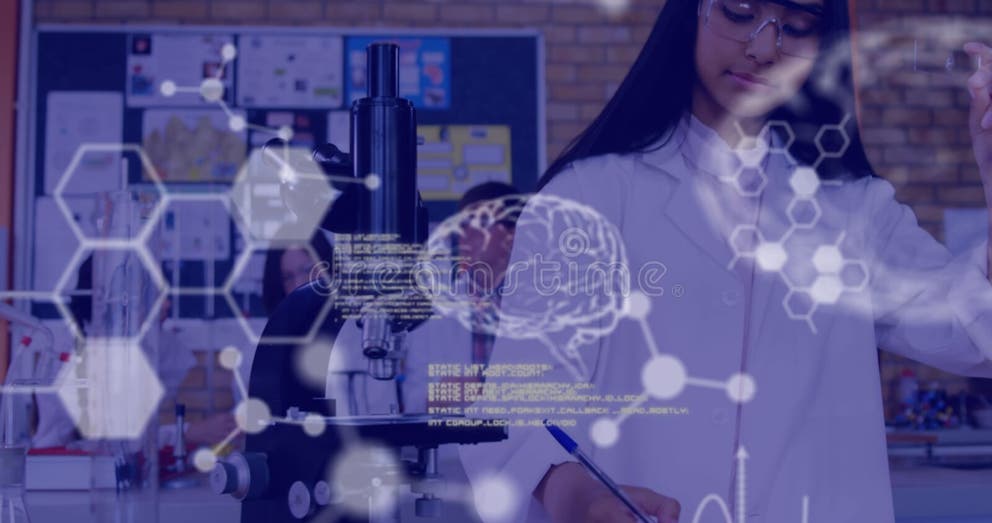 Student in Science Lab Using Microscope and Writing Notes, Focused on ...