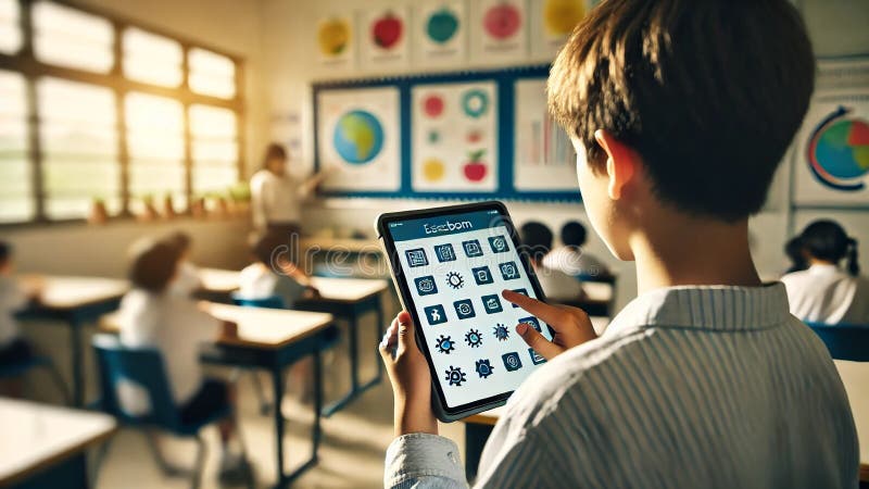 Student Using Tablet for Interactive Lesson in Bright Classroom with ...