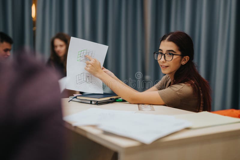 Student Presenting a Drawing in a Classroom Setting with Peers Engaged ...