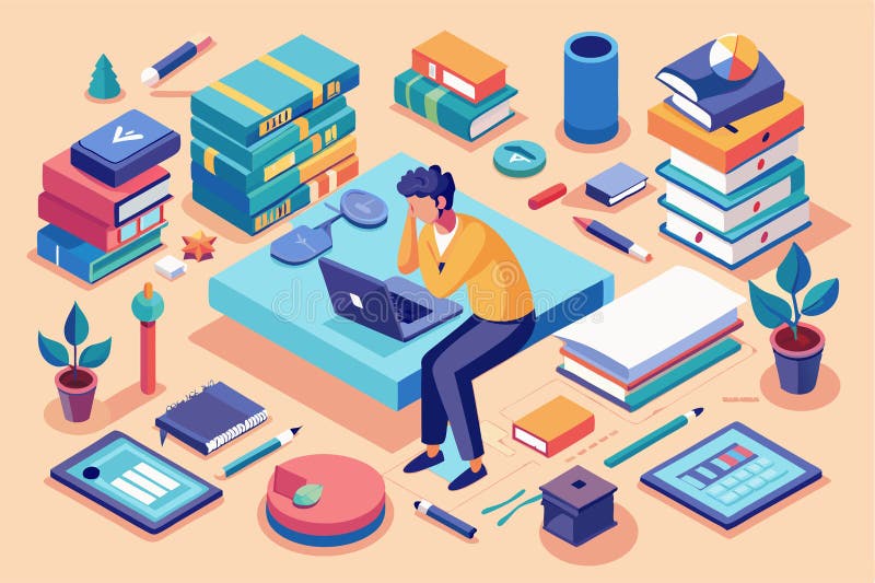 A Student Sits on a Blue Mat, Stressed while Using a Laptop among Books ...